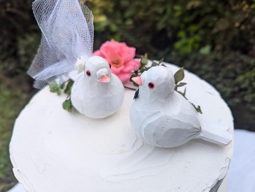 Dove Pigeon Wedding Cake Topper: Handcarved Wooden Bride & Groom for a ...