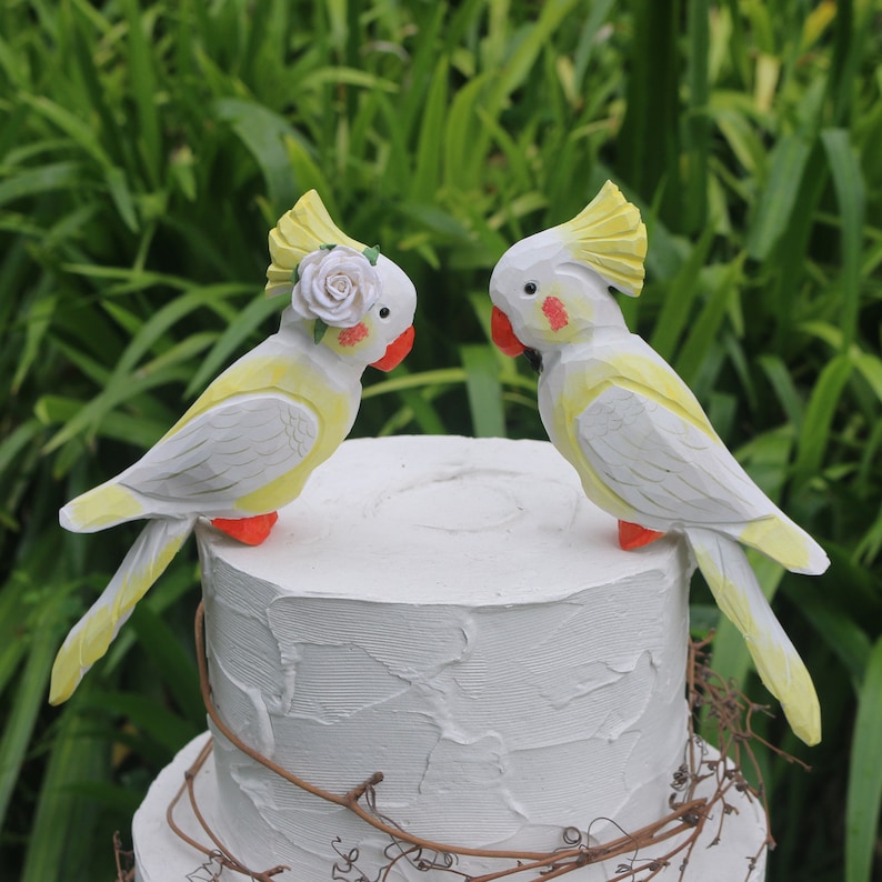 Cockatiel Cake Topper - Handcarved, Wooden Bride and Groom Parrot ...