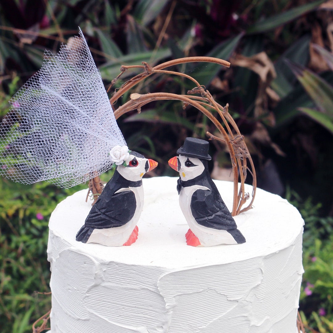Puffin Wedding Cake Topper - Handcarved, Wooden Love Bird Bride and ...