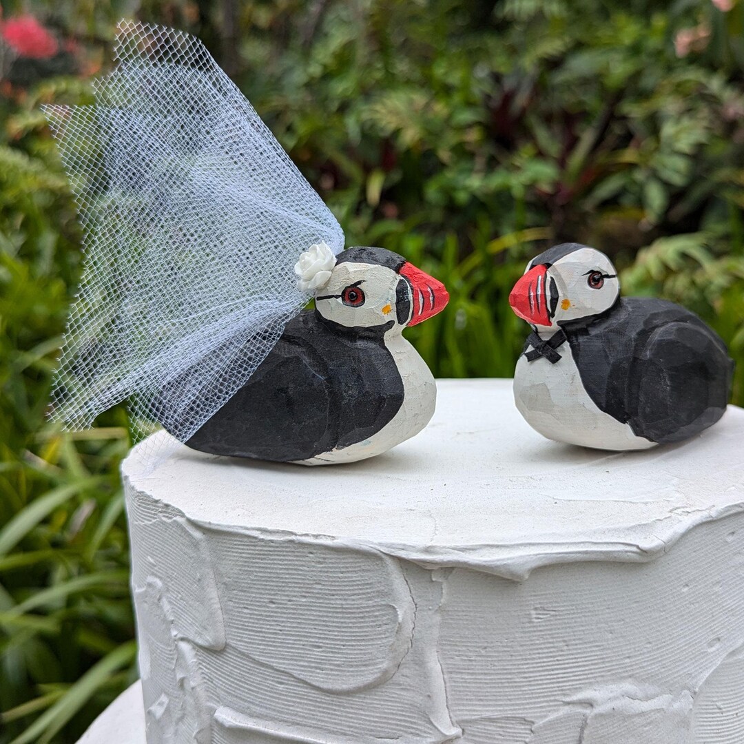 New Puffin Wedding Cake Topper: Handcarved Wooden Bride and Groom for a ...