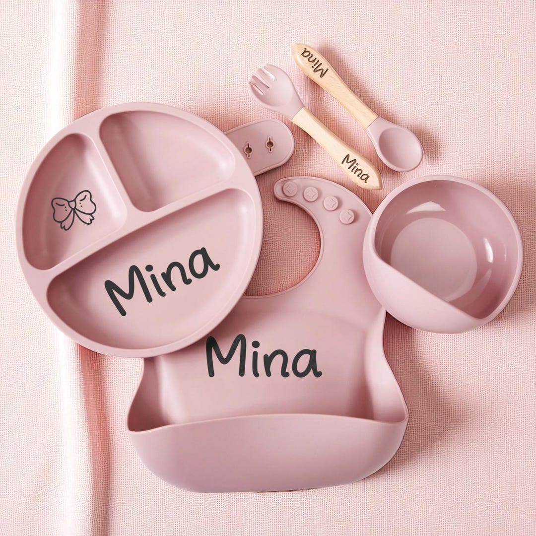 Personalized Baby Feeding Set With Name, Silicone Plate Bib, Custom ...
