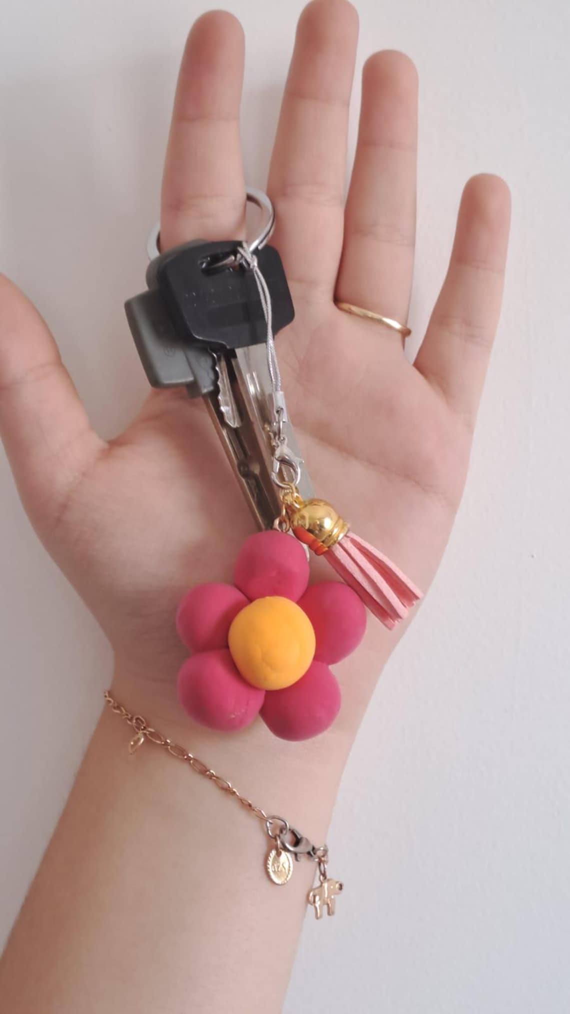 Handmade Cherry & Yellow Clay Flower Keychain, Cute Car Key Charm ...
