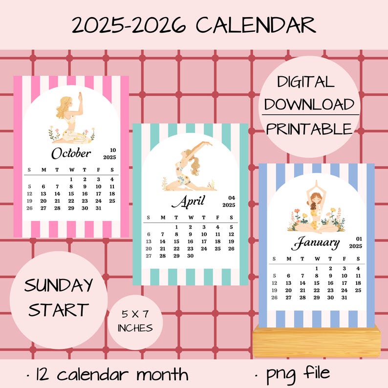 2025 - 2026 Printable Yoga Calendar | Monthly Planner 2025 | Yoga ...