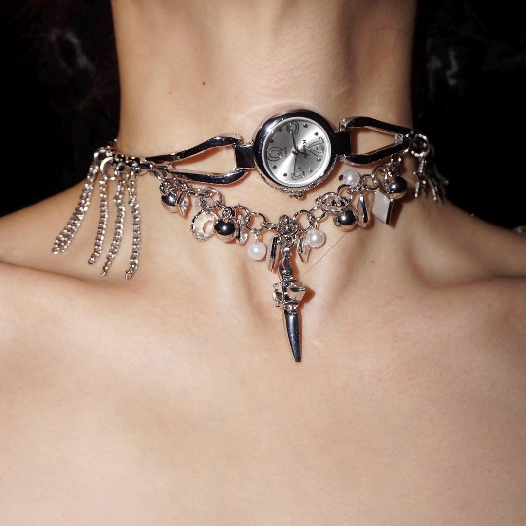 Melting Clock Punk Choker, Stainless Steel Choker, Silver Y2K Cyberpunk ...