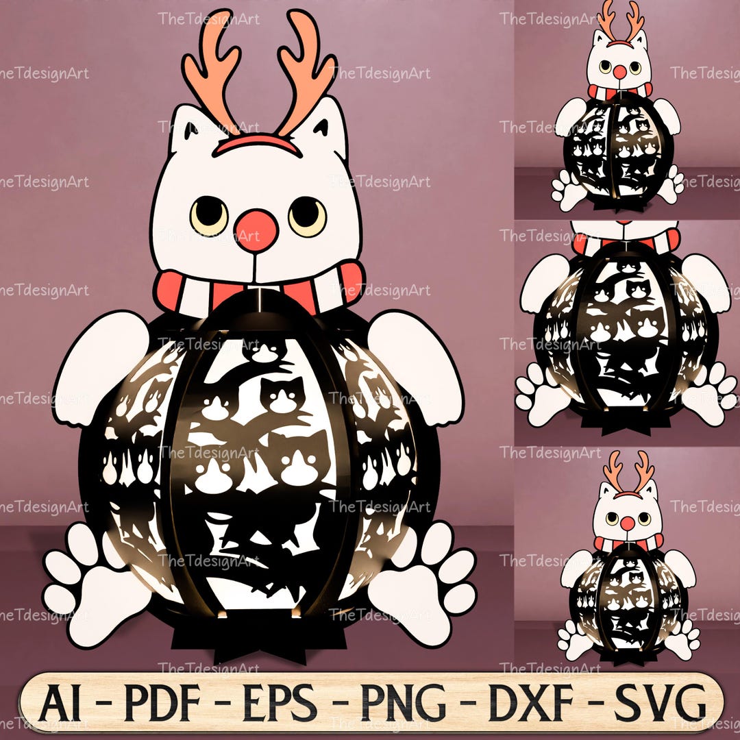 Cat Christmas Paper Lantern SVG, Christmas Cat Cute Paper Lantern Laser ...