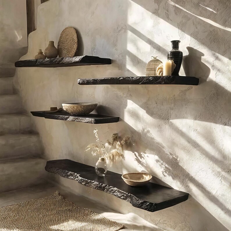 Rustic Live Edge Hidden Bracket Shelves Kitchen Wood Floating Shelf ...