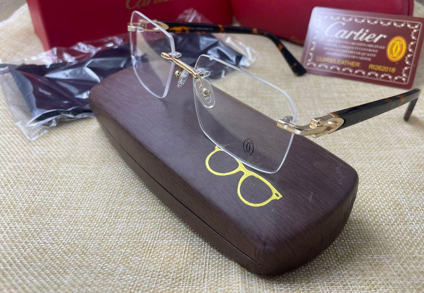 Cartier Eyeglasses , Vintage Rimless Tortoise Temple Frame With Clear ...