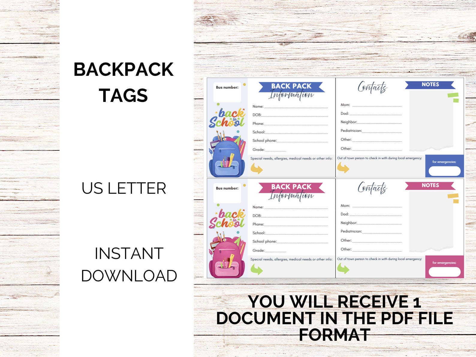 Backpack Tags for Kids, Emergency Contact for Preschool Card, Back to ...