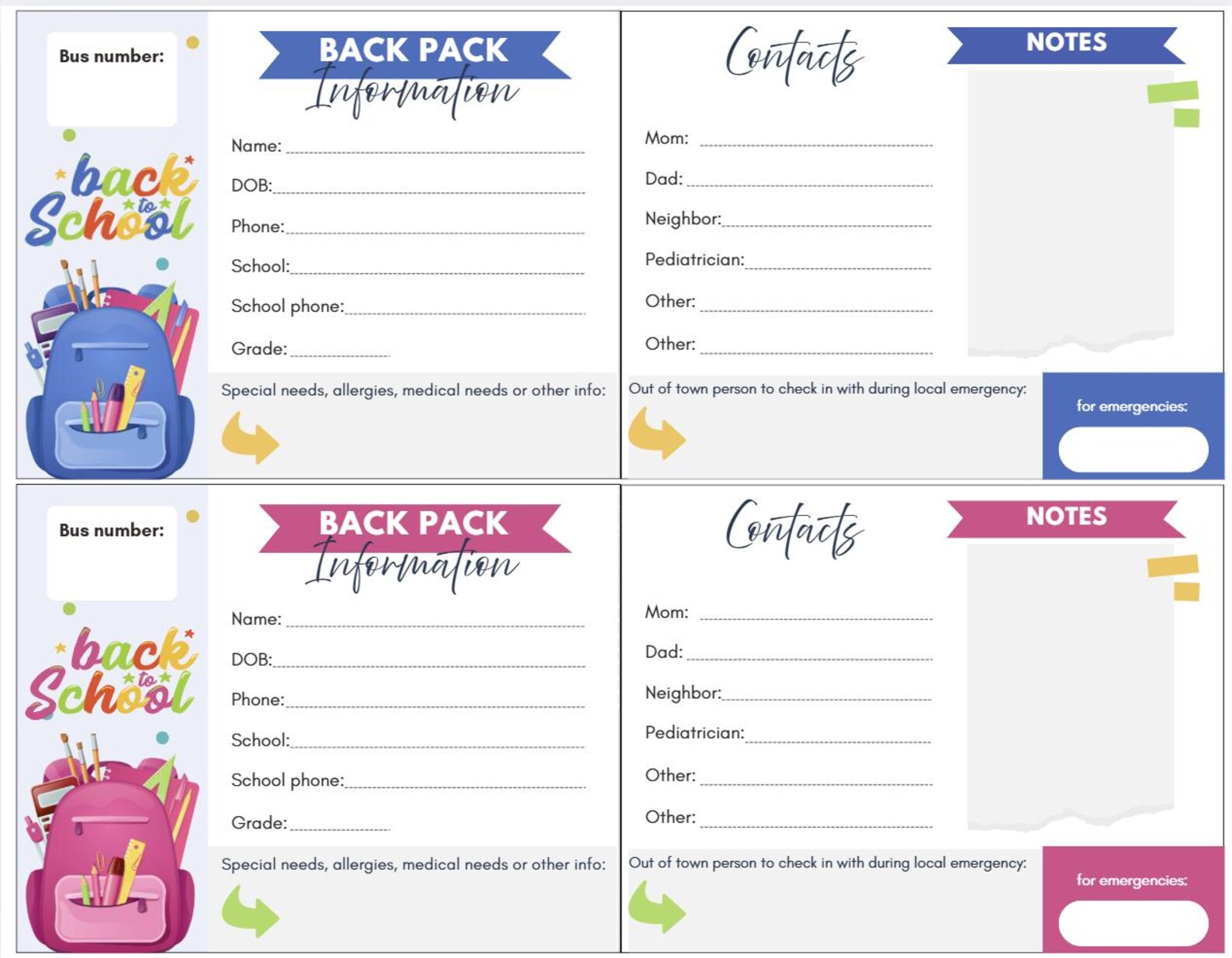 Backpack Tags for Kids, Emergency Contact for Preschool Card, Back to ...