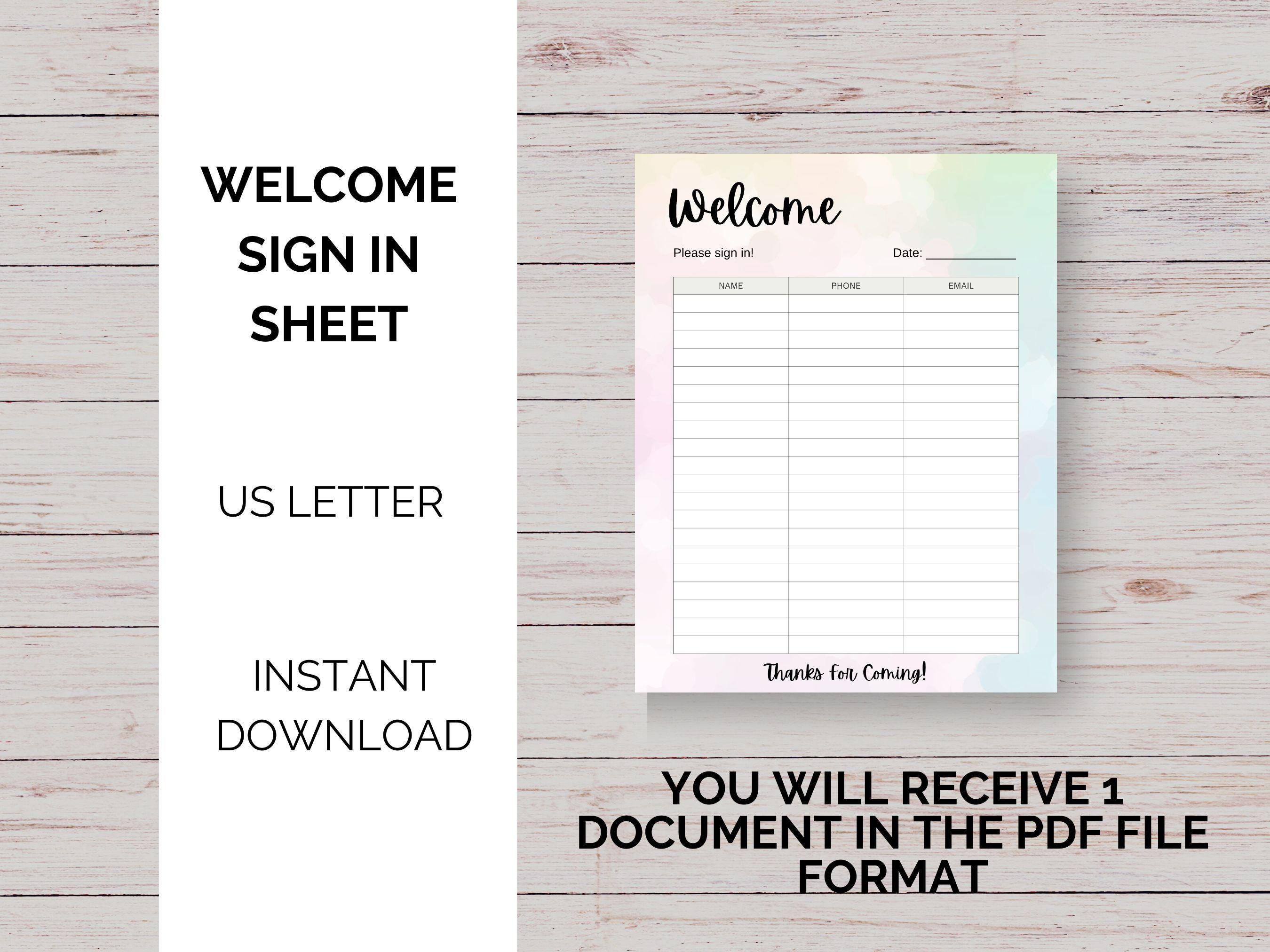 Printable Sign in Sheet, Printable Welcome Sign in Sheet, Event Sign up ...