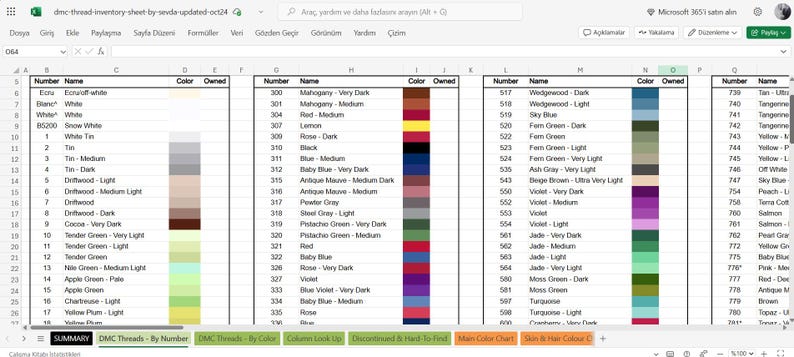 DMC Thread Color Chart Tracker Inventory Spreadsheet , Printable DMC ...