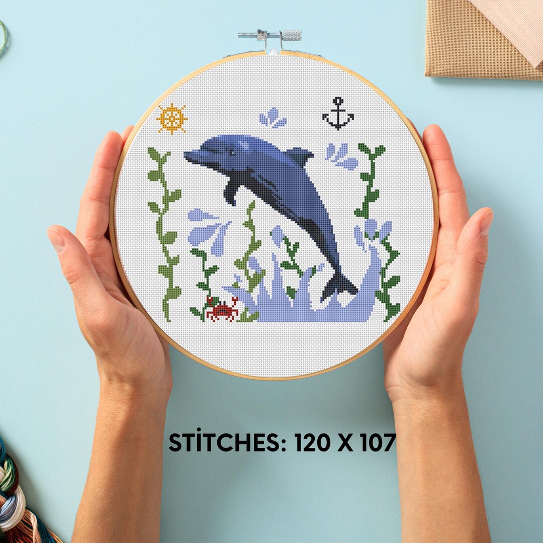 Dolphin and Ocean Cross Stitch Pattern | Anchor, Helm, Seaweed ...