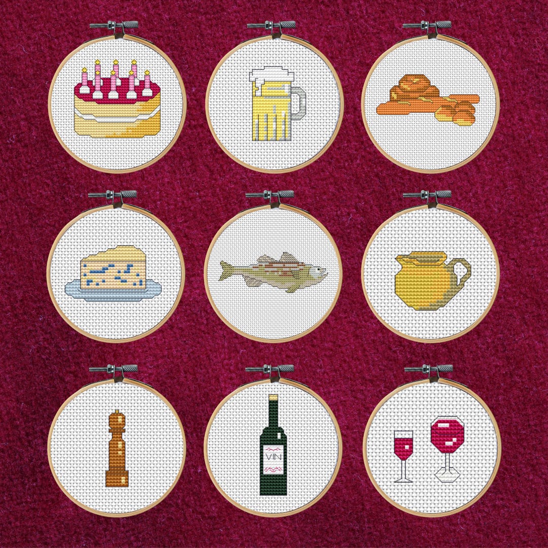 Set of 9 Food Cross Stitch Patterns Bundle | Cake, Wine, Fish, Bread ...