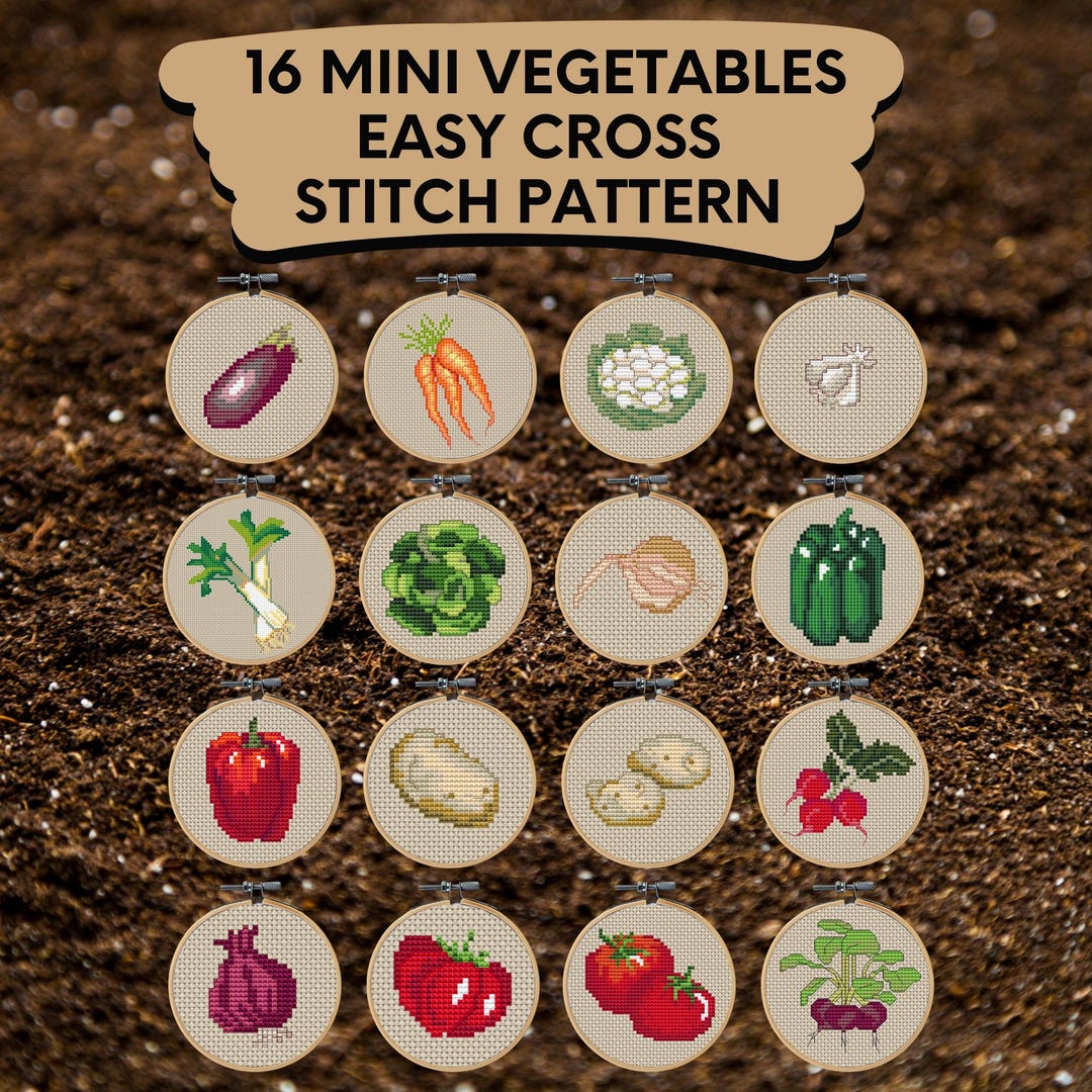 Set of 16 Mini Easy Vegetables Cross Stitch Patterns Bundle / Sampler ...