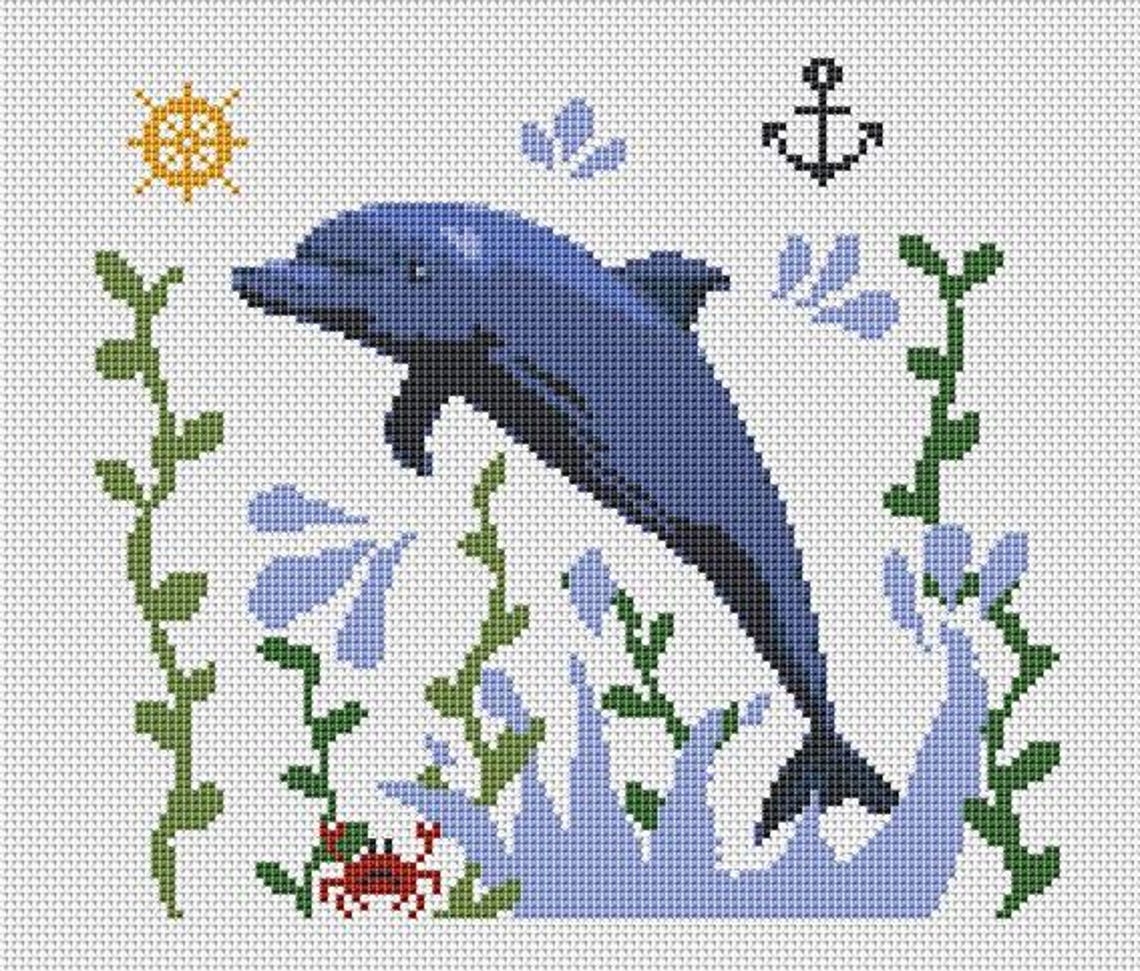Dolphin and Ocean Cross Stitch Pattern | Anchor, Helm, Seaweed ...