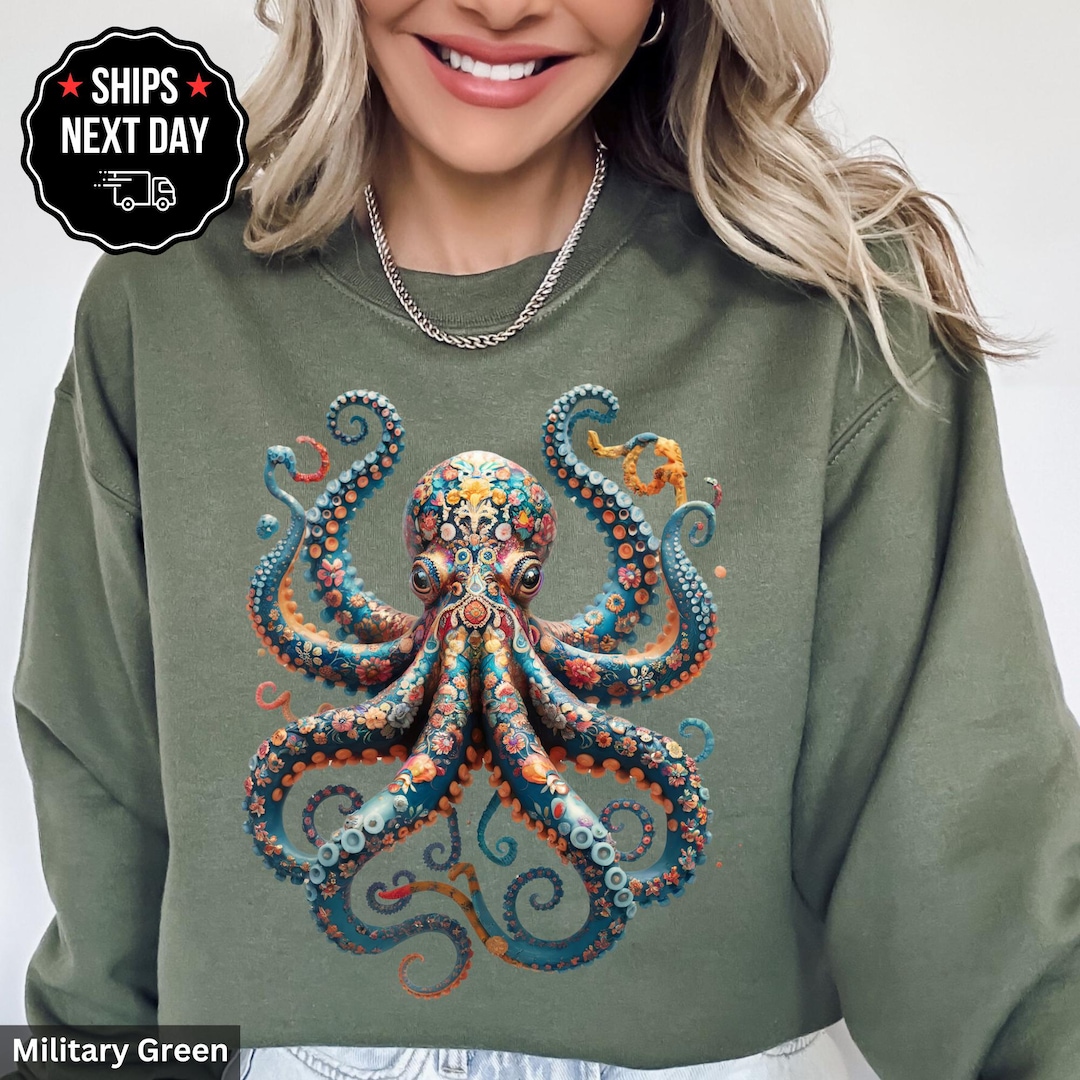 Octopus Art Hoodie Sweater | Vintage Flower Patterns Sweatshirt ...