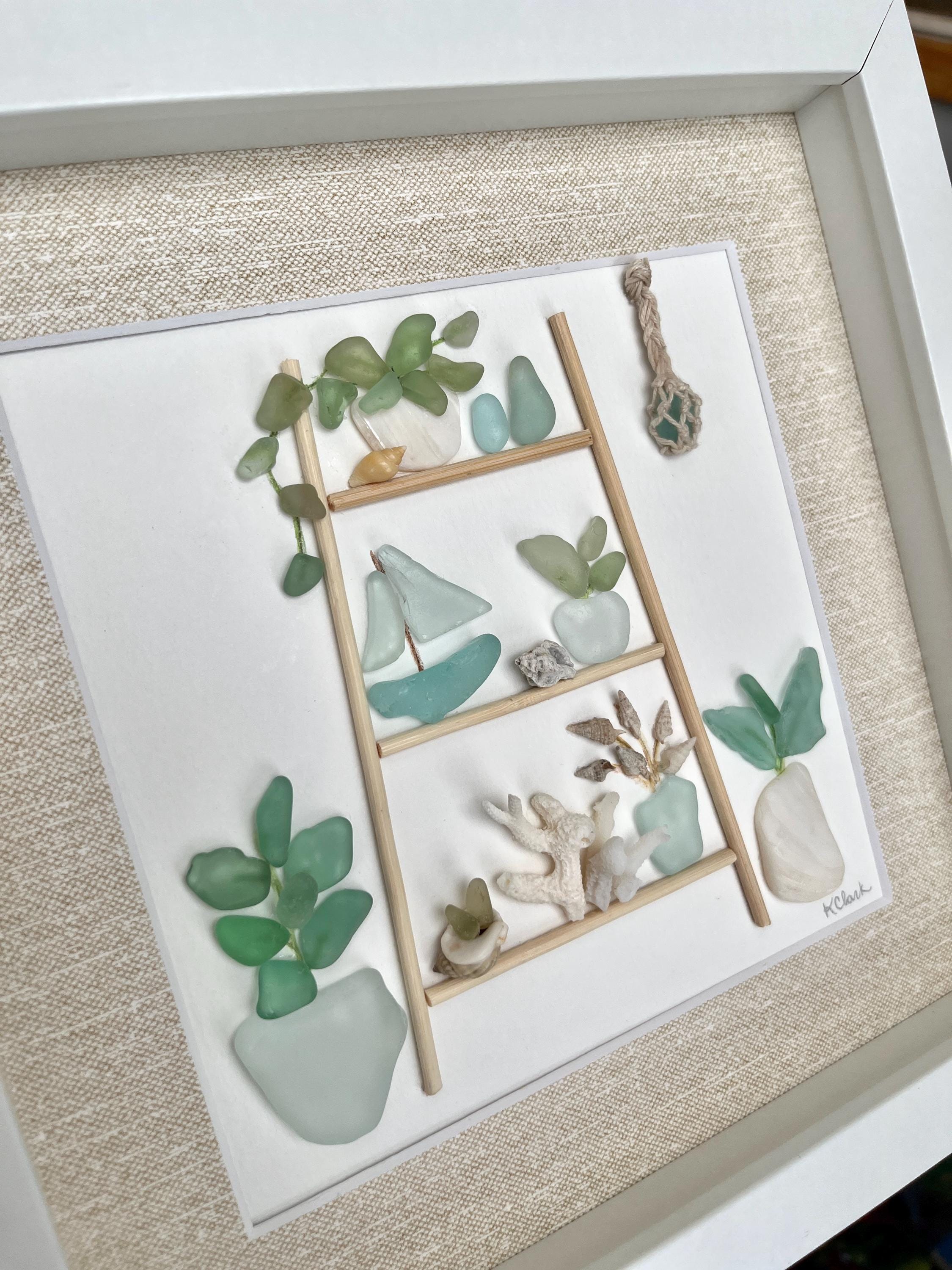 Beach House Shelves Framed Sea Glass Art Genuine Sea Glass, Seashells ...