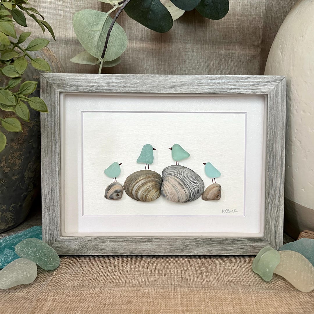 Aqua Birds ~ Framed Sea Glass Birds Art ~ Genuine Sea Glass, Seashells ...