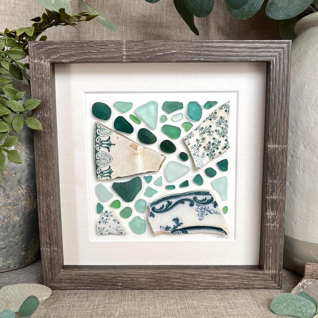 Teal Tide Pool ~ Framed Sea Glass Art ~ Genuine Sea Glass, Sea Pottery ...