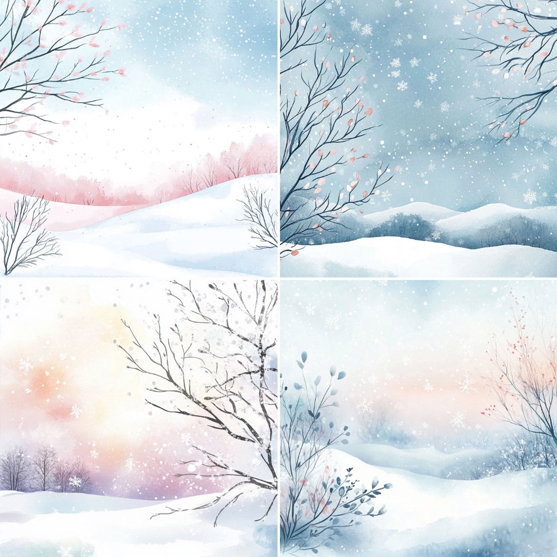 10 Winter-themed Watercolor Digital Backgrounds, 15x15 Inches PNG Files ...