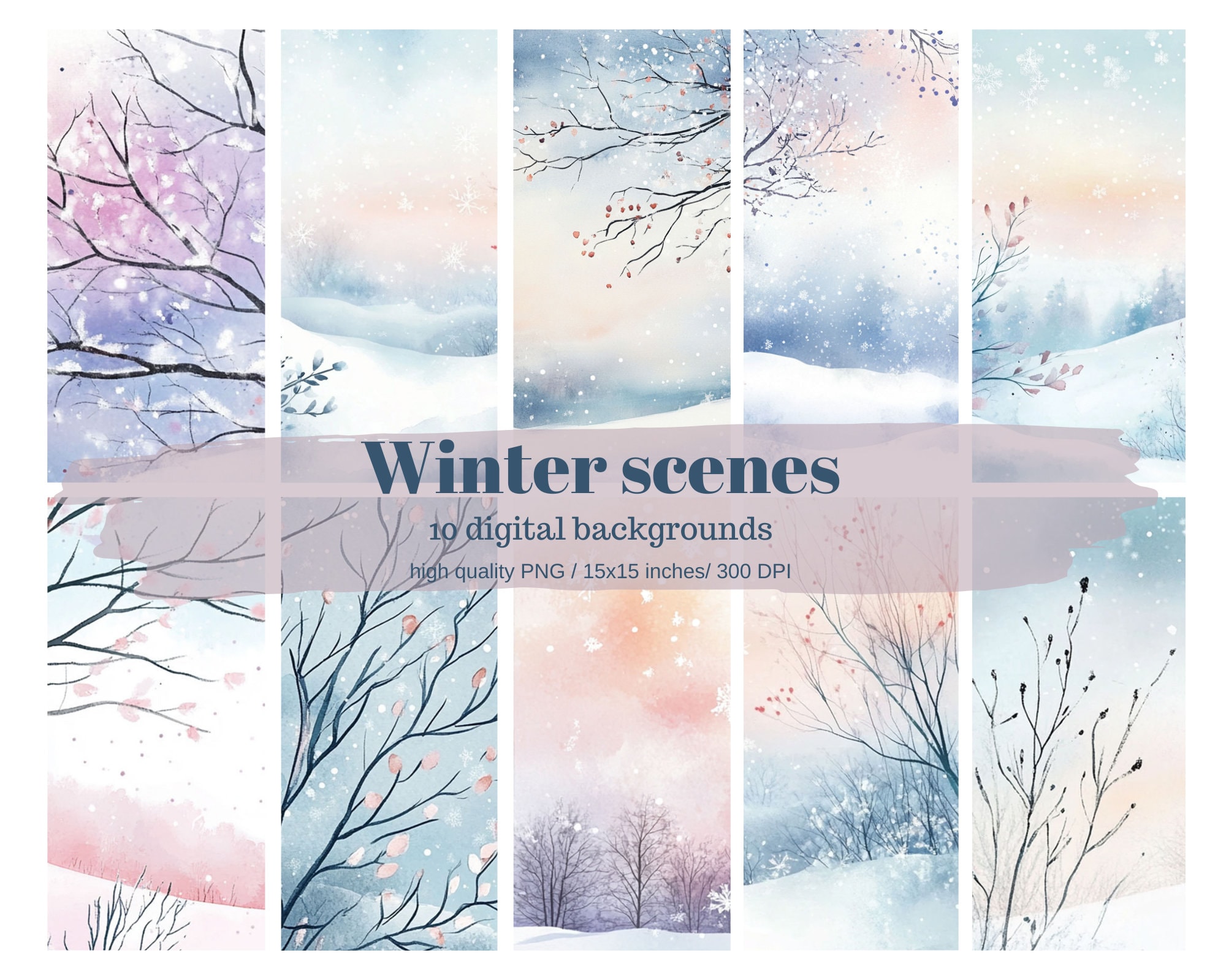 10 Winter-themed Watercolor Digital Backgrounds, 15x15 Inches PNG Files ...