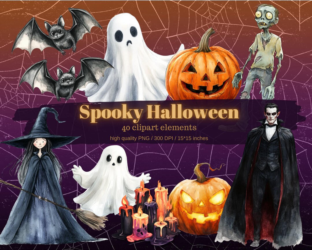 Spooky Halloween Watercolor Clipart Set 40 Elements & 10 Backgrounds ...