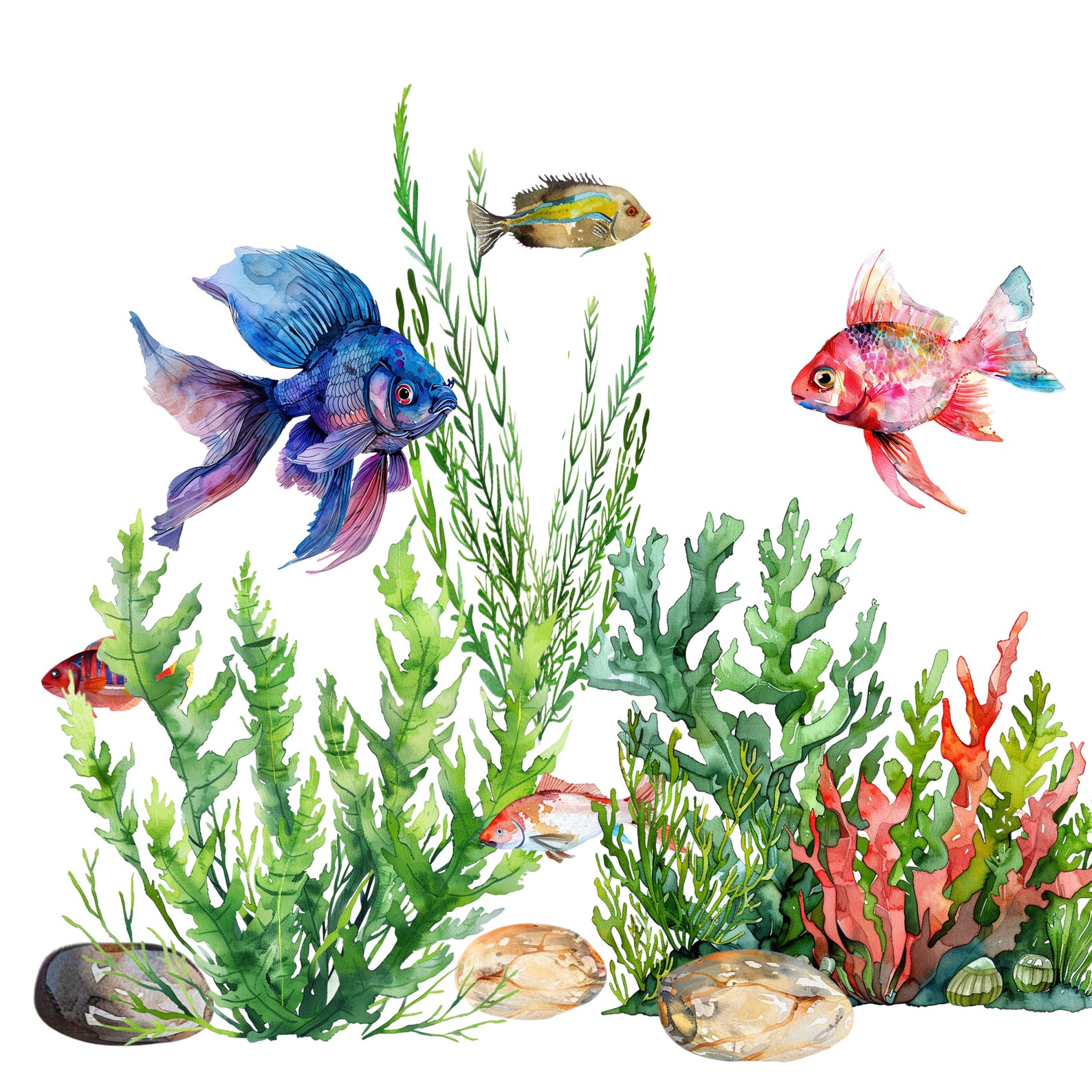 Underwater Clipart Digital PNG Files - Fish, Shells, Seaweed, Stones ...