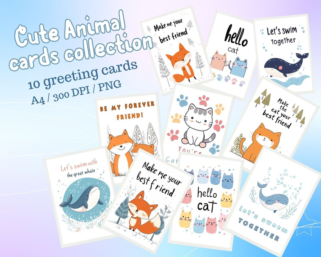 10 Cute Animal Cards Collection – 10 Digital Greeting Cards | PNG ...