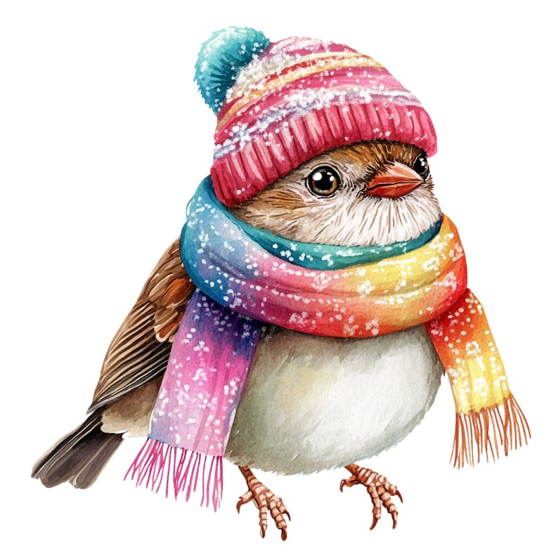 Winter Birds Clipart Set - Cute Watercolor Birds With Scarves and Hats ...