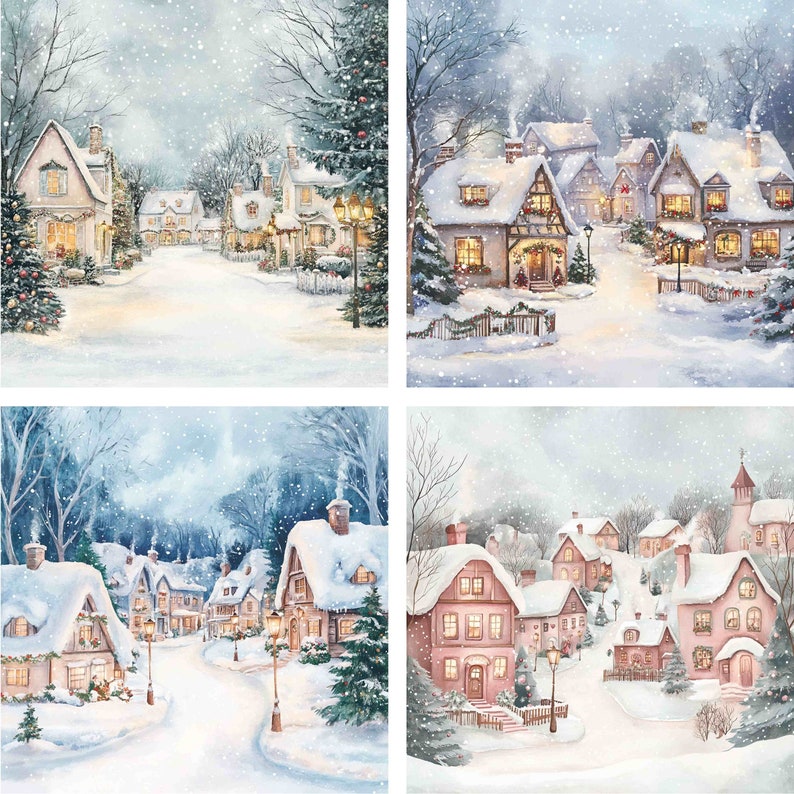 10 Christmas Village Watercolor Backgrounds, 15x15 Inches PNG Files ...
