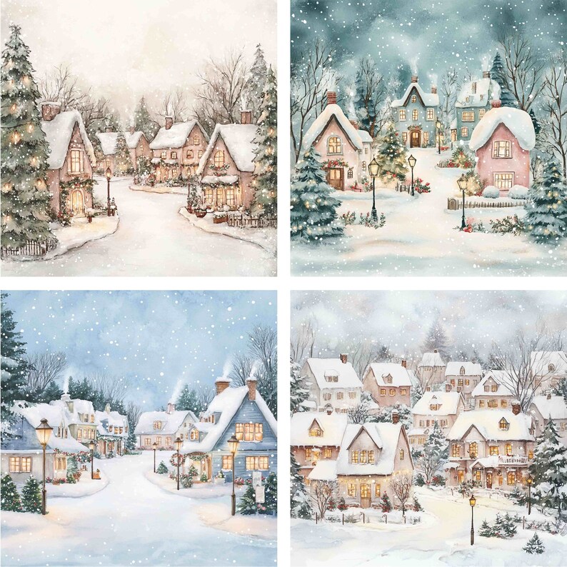 10 Christmas Village Watercolor Backgrounds, 15x15 Inches PNG Files ...