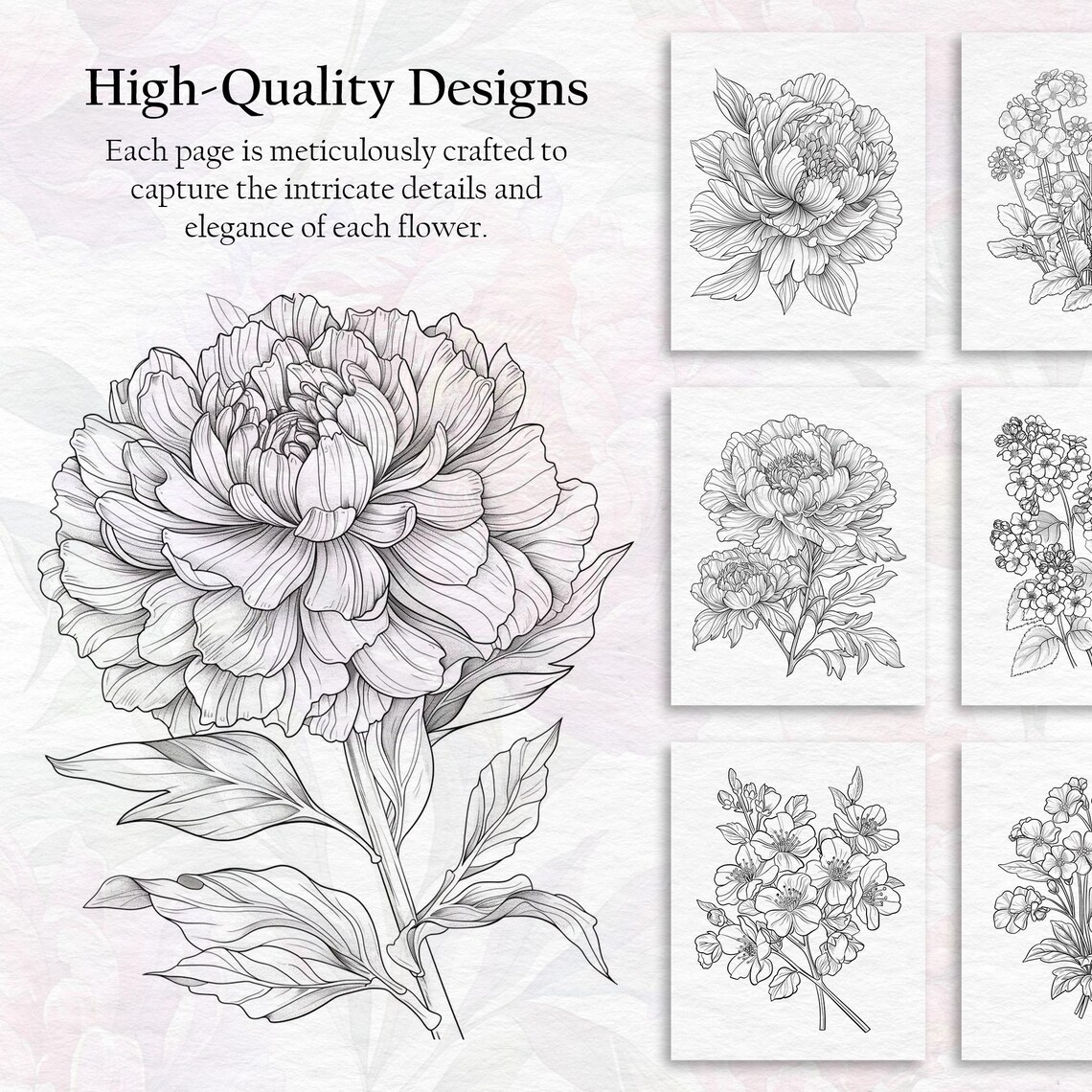 100 Elegant Flower Coloring Pages - Adults and Kids Coloring Book ...