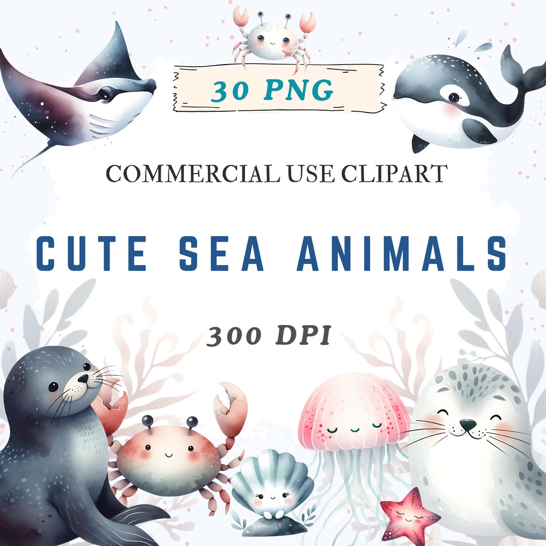 Cute Sea Animals Clipart, Watercolor Clipart, Sealife, Underwater ...