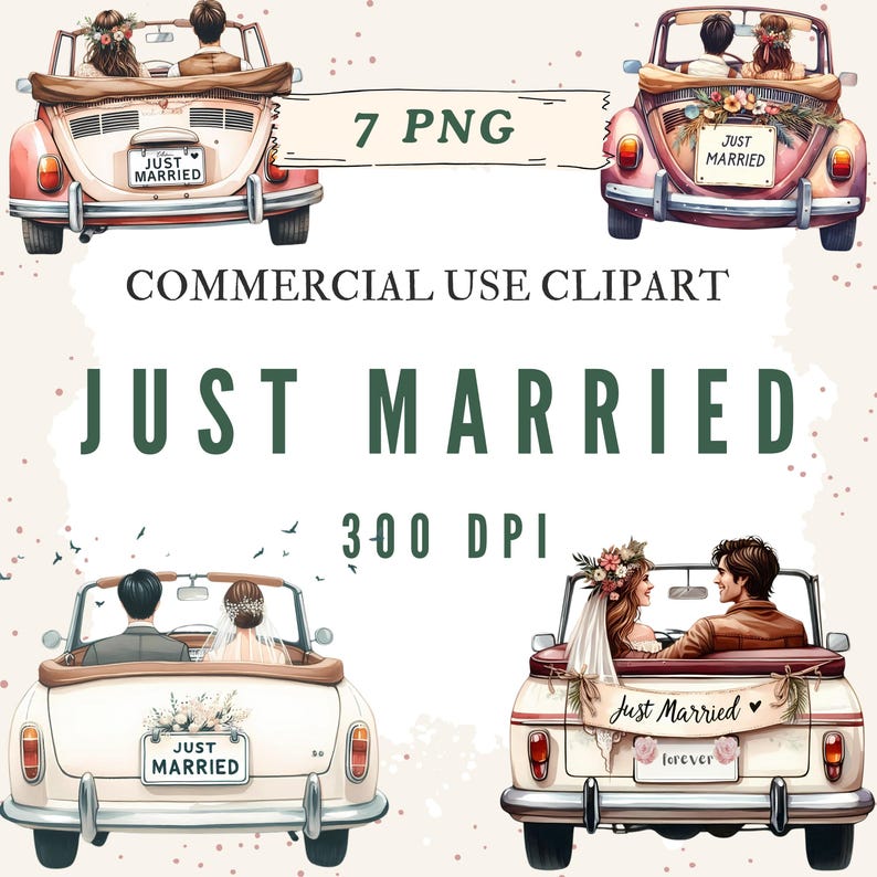 Just Married Clipart Pack, Wedding Couple From Back in a Car, Bride and ...