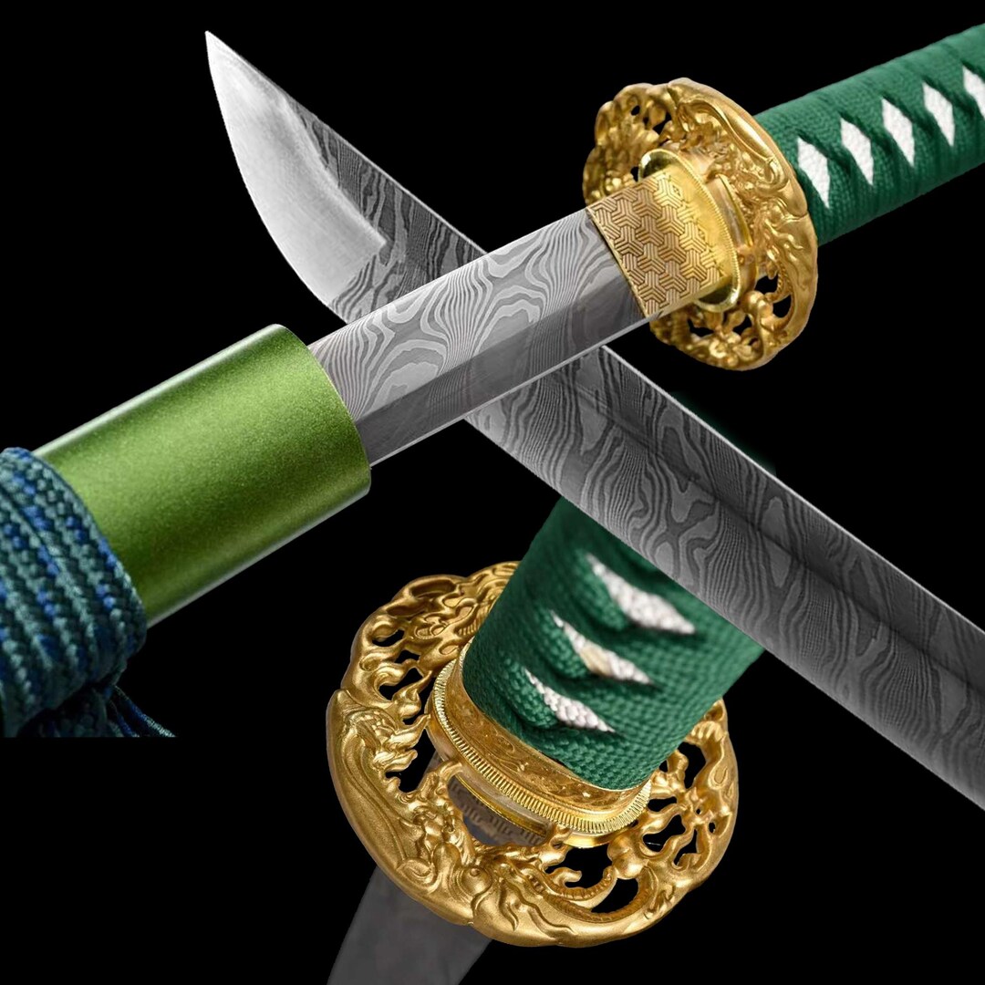 Green Paint Sheath,all Copper Fittings Samurai Sword,damascus Steel ...