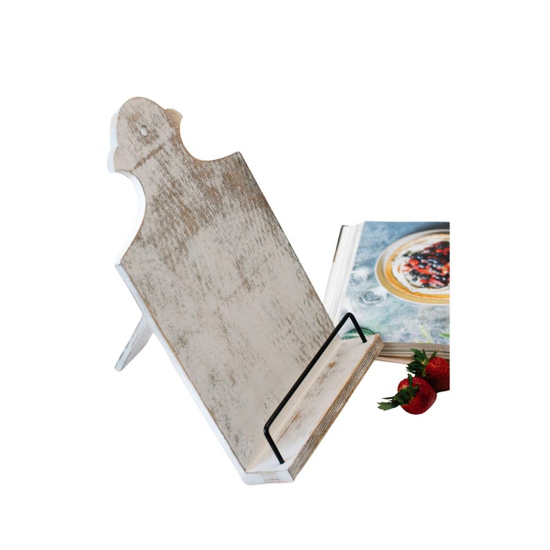 Cookbook Stand W/metal Rail-wooden Adjustable Whitewashed Recipe Book ...