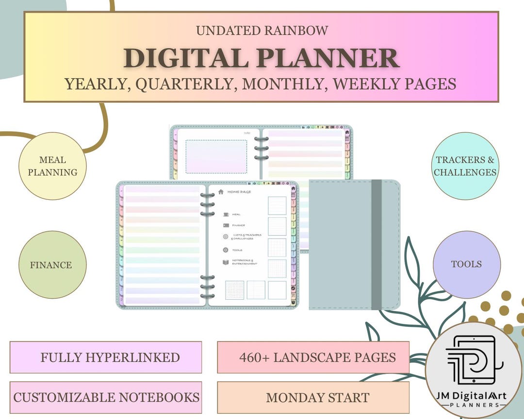 Undated Rainbow Digital Planner Digital Organizer for iPad Goodnotes ...