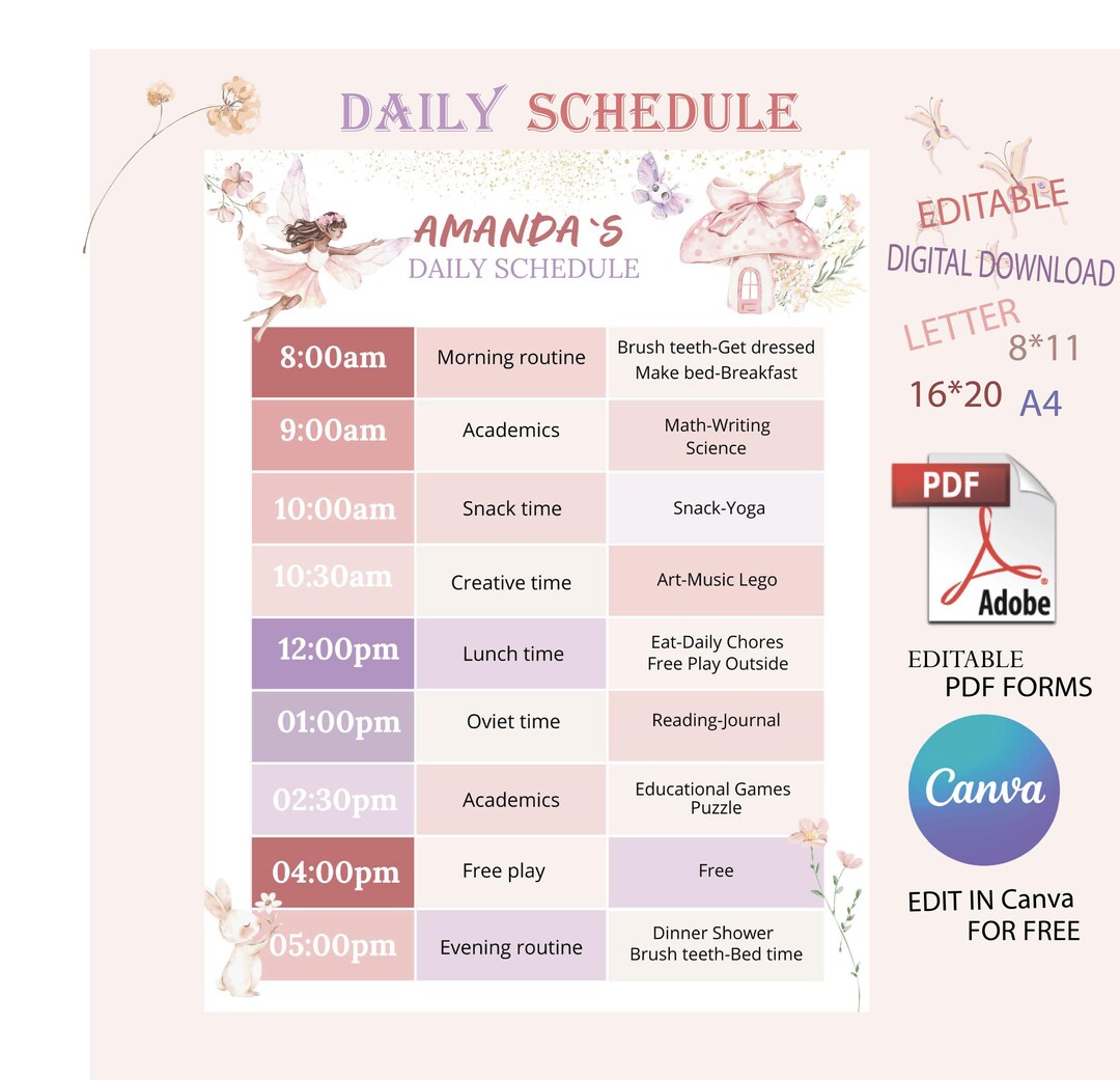 Kids Daily Schedule Template, Little Fair,homeschool Daily Routine ...