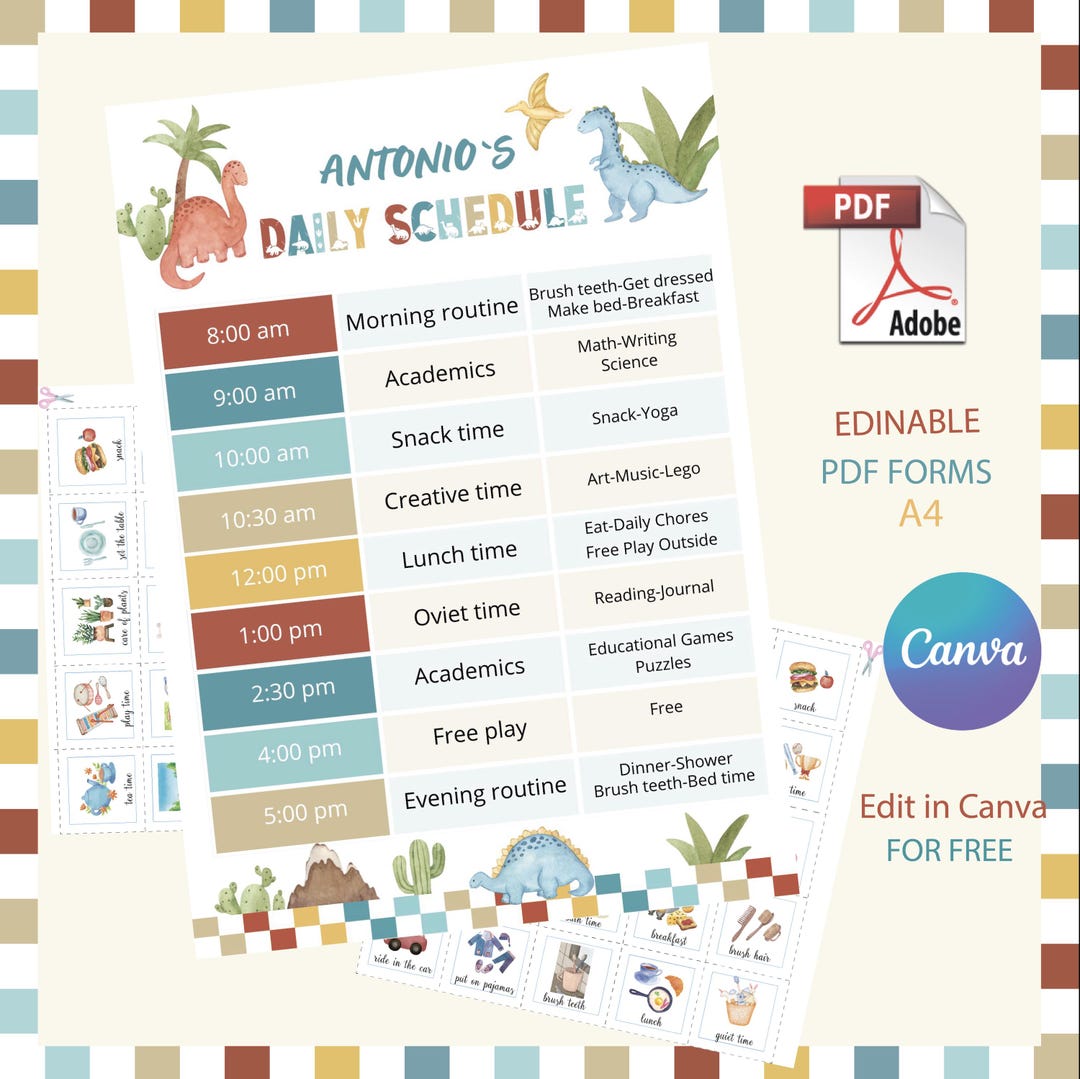 Kids Daily Schedule Template Dinosaur, Homeschool Daily Routine ...