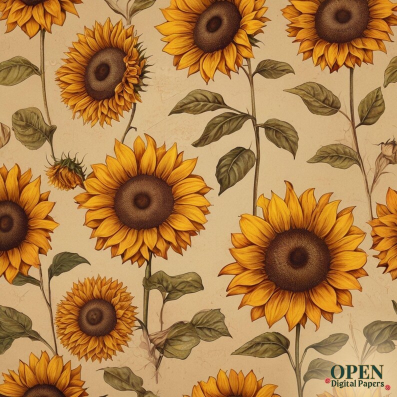 Bright Tuscan Sunflower Patterns on Rustic Beige Background 12 Seamless ...