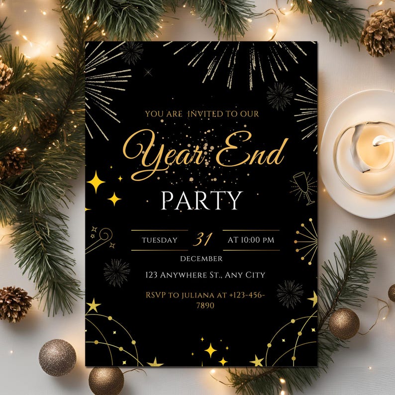 Editable Year End Party Invitation, New Years Eve Black and Gold ...