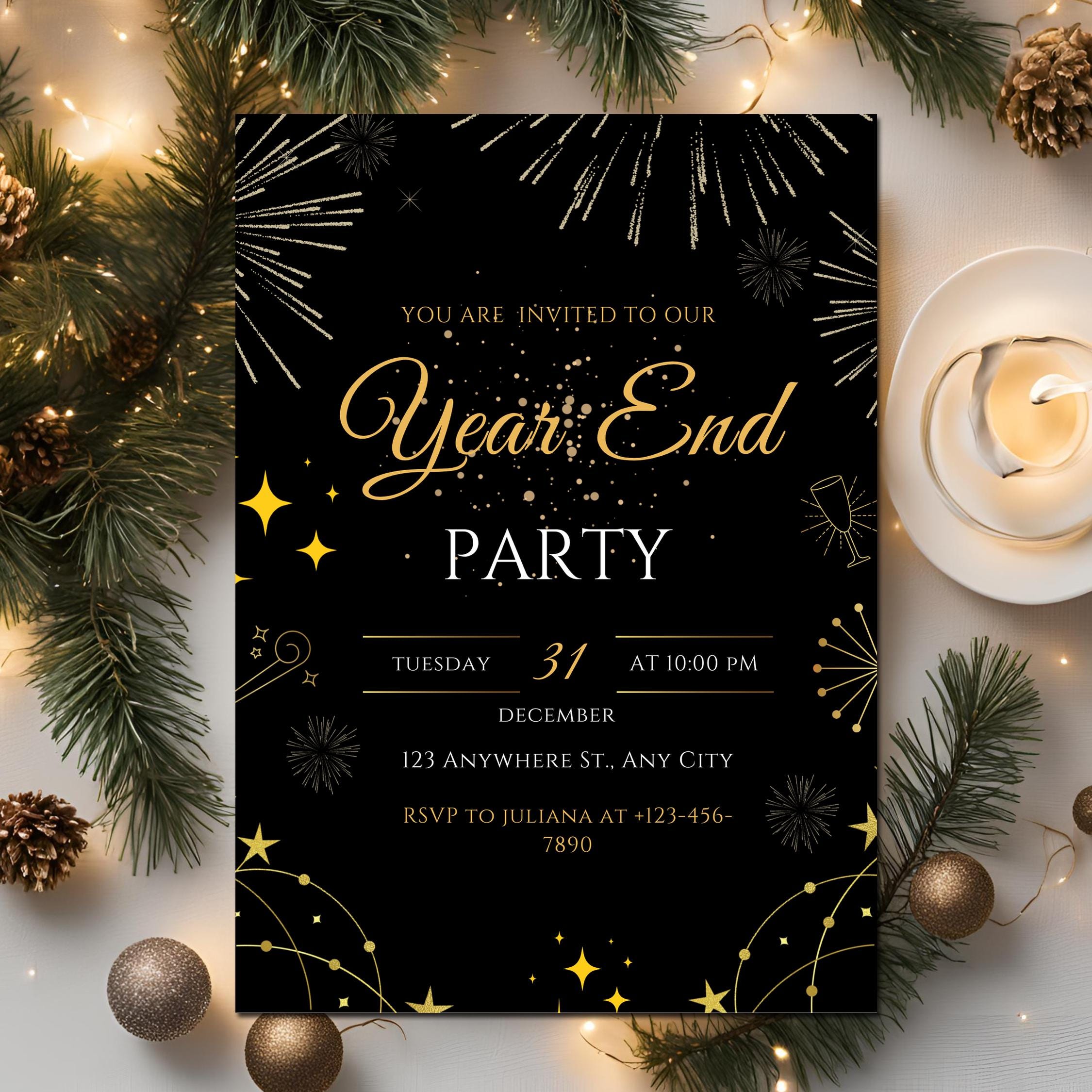 Editable Year End Party Invitation, New Years Eve Black and Gold ...