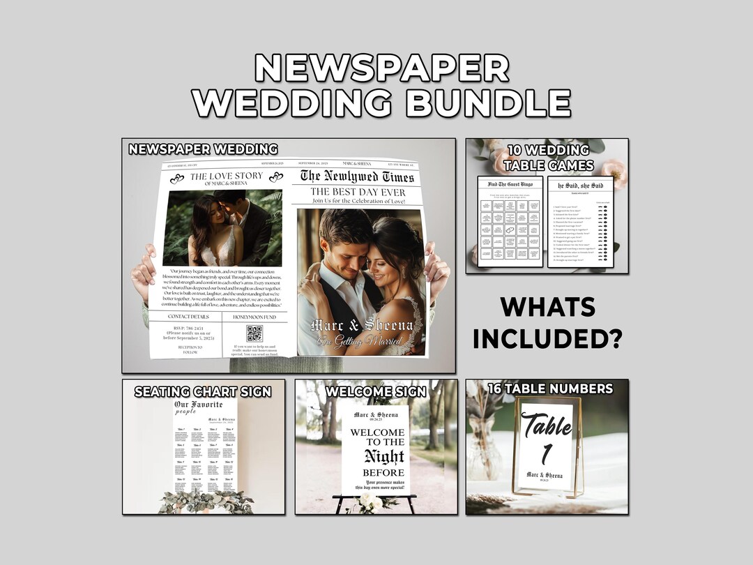 Modern Newspaper Wedding Program Bundle Fun Table Games Custom Table ...