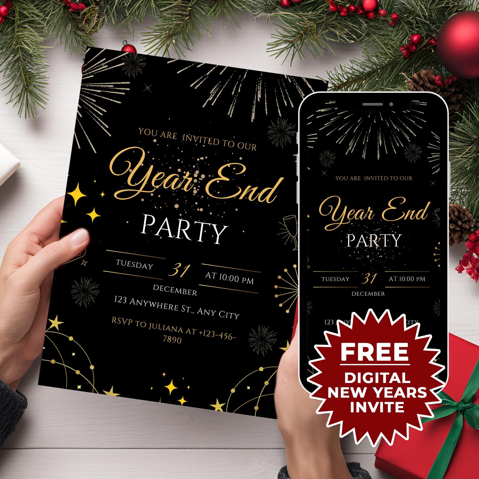 Editable Year End Party Invitation, New Years Eve Black and Gold ...