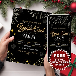 Editable Year End Party Invitation, New Years Eve Black and Gold ...