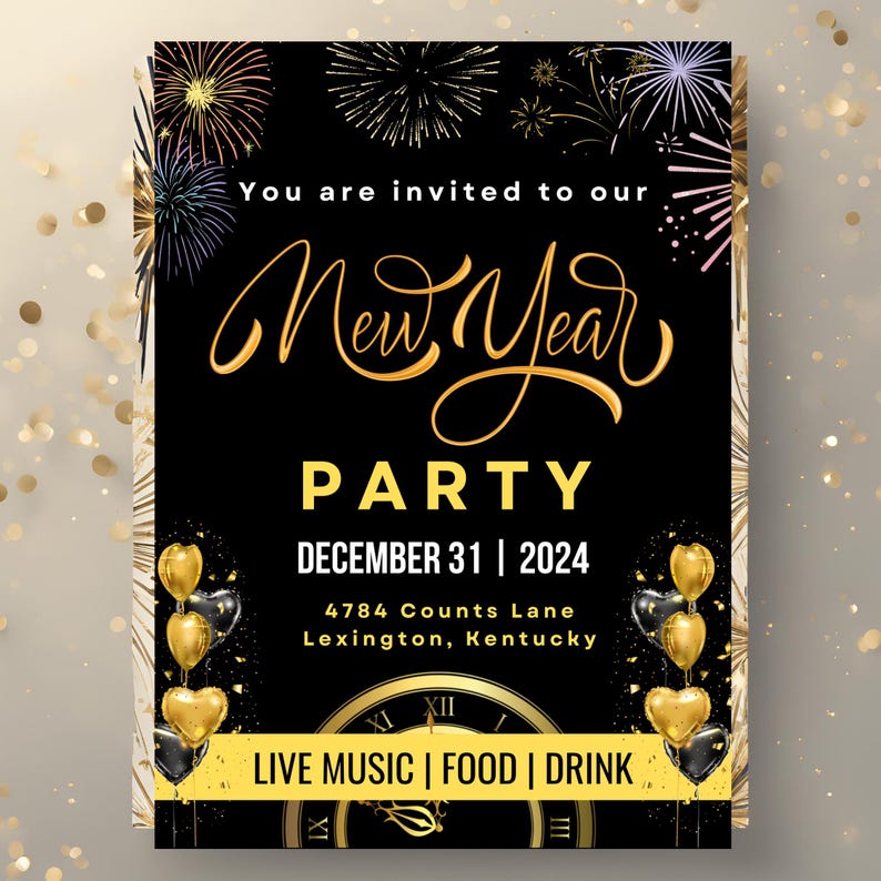 Printable New Years Eve Party Invitation, Black and Gold NYE 2025 ...