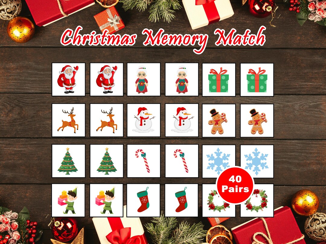 Ready to Print Christmas Memory Match Game Printable Holiday Party ...