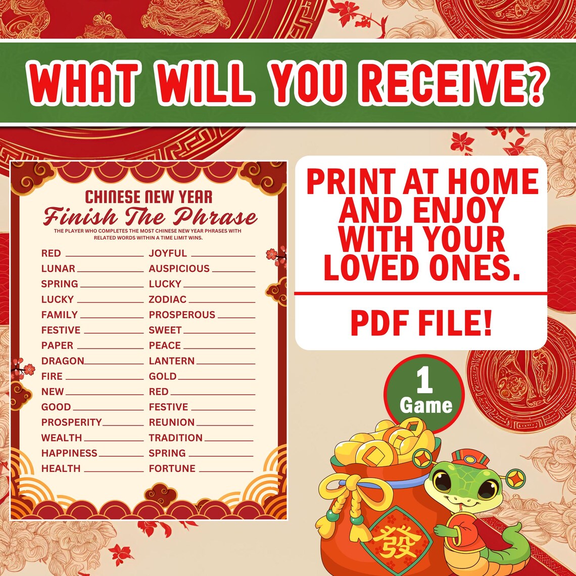 Printable Finish the Phrase Chinese New Year Game, 2025 Year of the ...