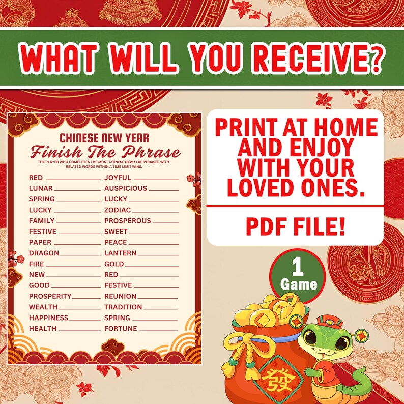 Printable Finish the Phrase Chinese New Year Game, 2025 Year of the ...
