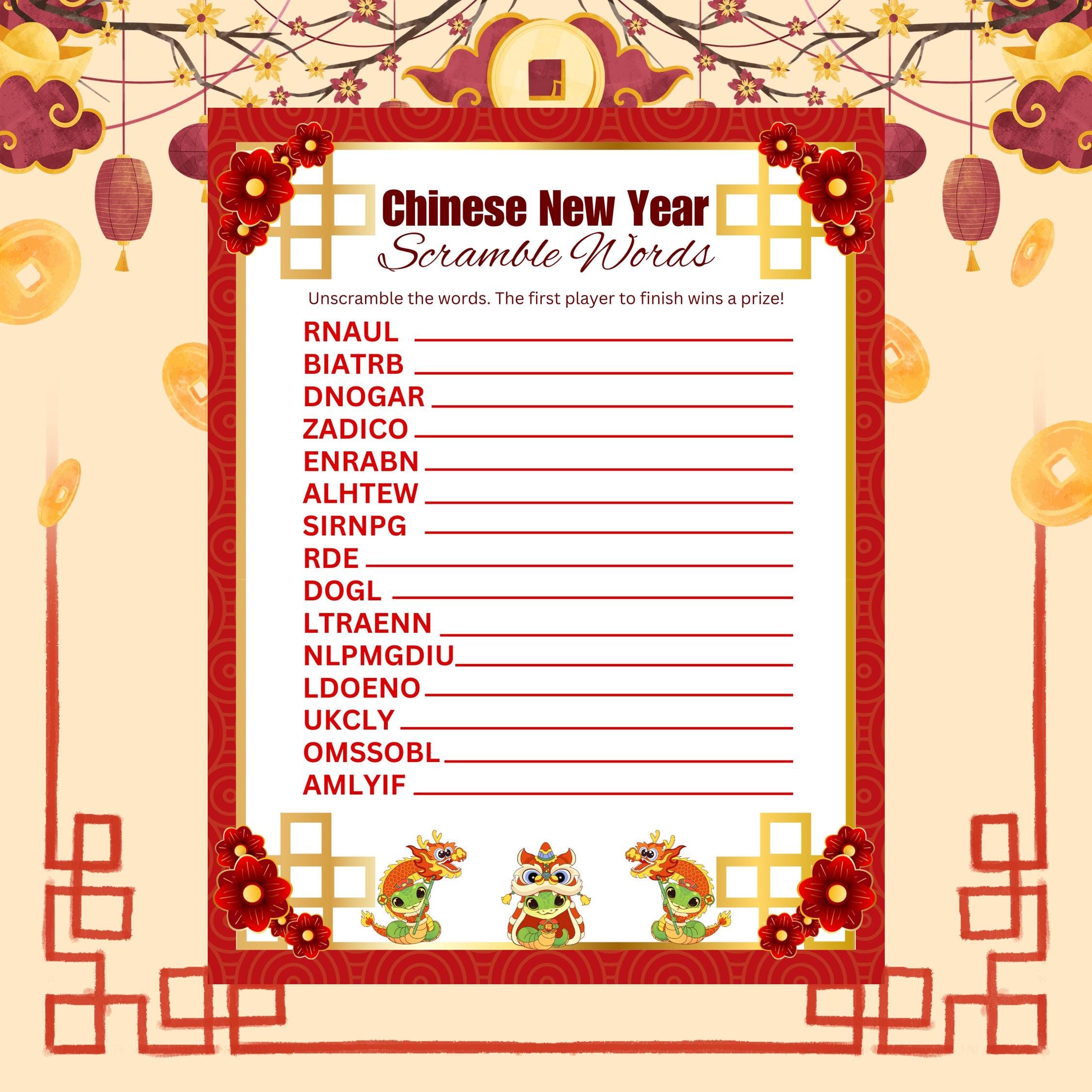 Printable Chinese New Year Scramble Words Activity, 2025 Year of the ...
